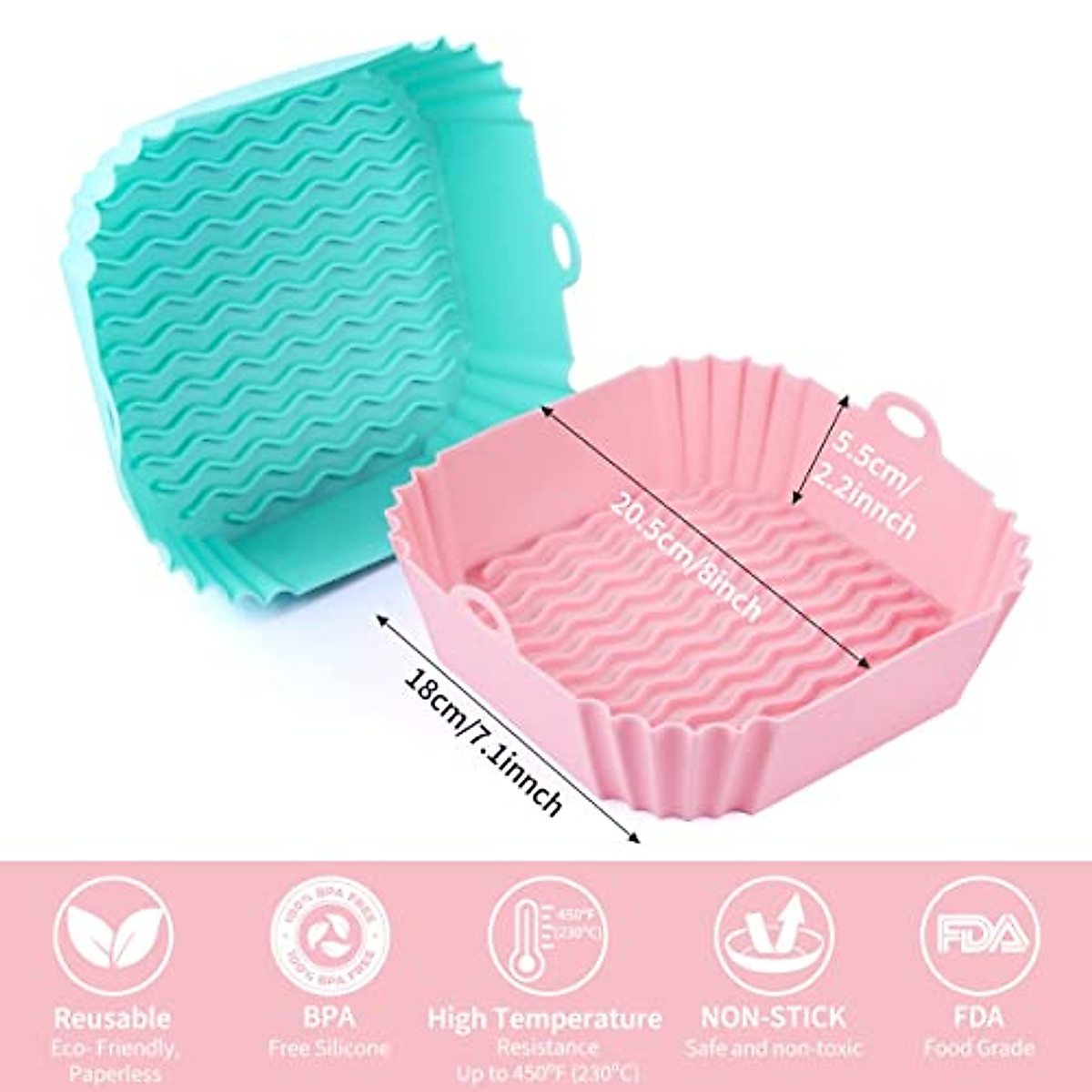 MaMix Silicone Air Fryer Liners 2 pack，8 inch Reusable Air Fryer Pot for 4 to 7 QT Air Fryer Inserts for Oven Microwave Accessories (Green+Pink)