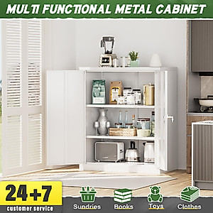 Greenvelly Metal Storage Cabinet, 42” Steel Locking Cabinet with Doors and Shelves,White Utility Cabinet Garage Cabinets, Lockable File Cabinet for Home Office, Garage, Kitchen, Shop