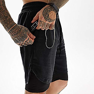 JWJ Men's 2 in 1 Workout Running Shorts 7 Inch Lightweight Athletic Gym Shorts with Compression Liner Black M