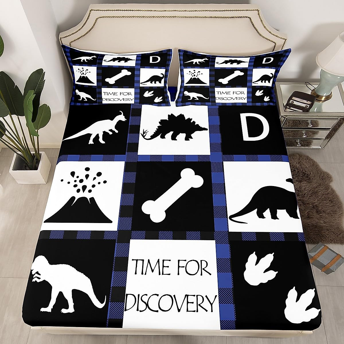 Cartoon Dinosaur Bed Sheets Twin Size 3 Pcs Cute Wild Animal Paw Print Decor Sheets Set for Kids Teens Adults Blue Black White Grid Jungle Style Bedding Set with Flat,Fitted Sheet,1 Pillowcase