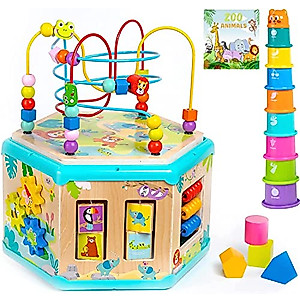 Pidoko Kids Wooden Activity Cube with 2 Tops - Montessori Center Birthday Gifts for 18 Months + Year Old Toddlers - Developmental Learning Baby Girl Boy Toys - Educational Bead Maze Set and Zoo Book