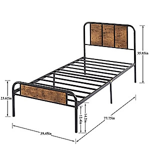 VECELO Twin Size Platform Bed Frame with Wood Headboard/Mattress Foundation/Premium Steel Slats Support/No Box Spring Needed,Brown(Industrial)