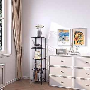 Homhedy 5-Tier Bookshelf,Metal Bookcase,Tempered Glass Shelves,Storage Rack Shelf for Home Office,Living Room,Bedroom, Bathroom,Modern Style, Black