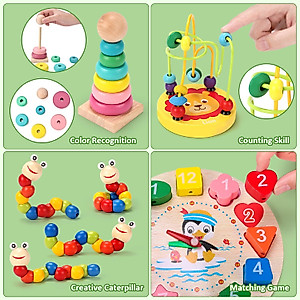 Qizebaby Montessori Toys for 2 Year Old Boys Girls, 6PCS Kids Wooden Toys, Baby Boy Toys 3-6 Year Old, Preschool Educational Learning Toy for Kids Ages 3 4 5 6+, Birthday Gifts