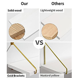 Godimerhea White Floating Shelves for Wall, Set of 2 Wall Mounted Hanging Wood Shelf with Gold Brackets, Modern Luxury Decorative Organizers Storage Shelves for Bathroom, Living Room, Bedroom