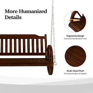 VINGLI Cottage Outdoor Porch Swing, 5 FT Wooden Hanging Swing Outdoor with Wheels Hold 880 LBS, Rustic