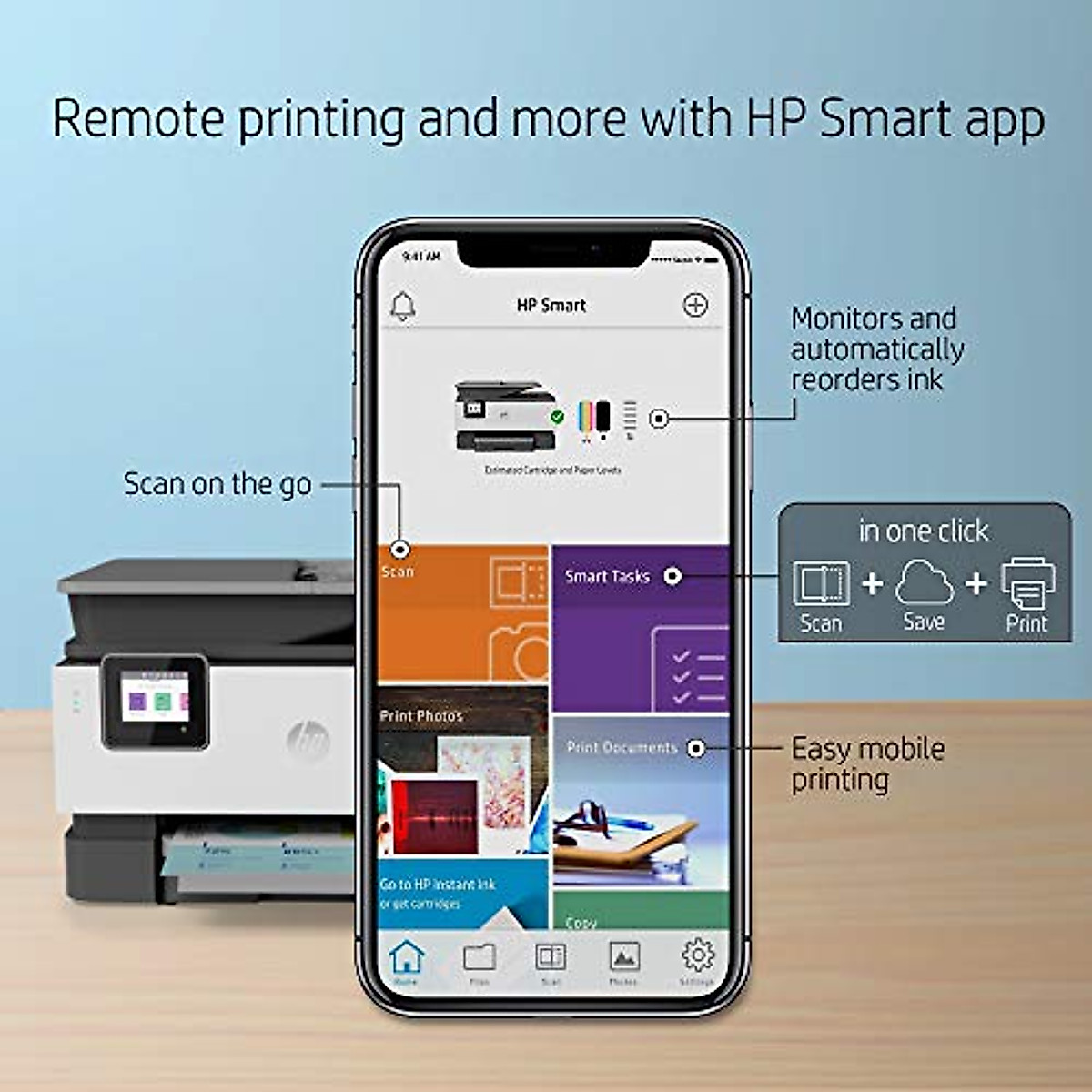 HP OfficeJet Pro 9015 All-in-One Wireless Color Printer, with Smart Home Office Productivity, HP Instant Ink, Works with Alexa (1KR42A)