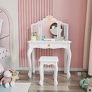 JOYMOR Kids Princess Vanity Table and Chair Set, Kids Vanity Set with Drawer & Tri-Folding Mirror, 2 in 1 Makeup Dressing Table with Detachable Top, Pretend Beauty Play Vanity Set for Girls