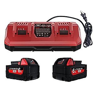 TURPOW Dual Ports Rapid Charger & 2 Packs 6.0 Ah Replacement for Milwaukee M18 Battery Combo, Compatible with Milwaukee 18V Battery 48-11-1862 48-59-1850 + for M18 Milwaukee Battery Charger 48-59-1812