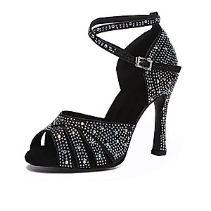 JUODVMP Women's Ballroom Dance Shoes Black T-strap Latin Dance Shoes with Rhinestones 4 inch Heel,8 US