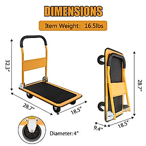 Platform Truck Hand Truck Foldable Dolly Cart for Moving Easy Storage and 360 Degree Swivel Wheels 440lbs Weight Capacity 28.7x18.5x32.3in Yellow