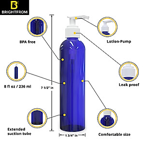 BRIGHTFROM Empty Lotion Pump Bottles, 8 Oz BPA-Free Refillable Plastic Containers, PETE1 Cobalt-Blue, Great for - Soap, Shampoo, Lotions, Liquid Body Soap, Creams and Massage Oil's (Pack of 3)