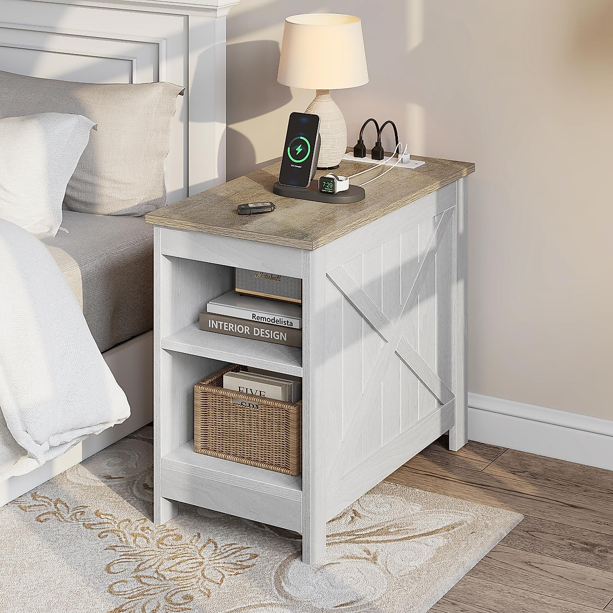YITAHOME End Table with Charging Station, Narrow Side Table with Storage Shelf, Farmhouse Nightstand with Storage for Small Spaces, Living Room, Bedroom, Grey Wash