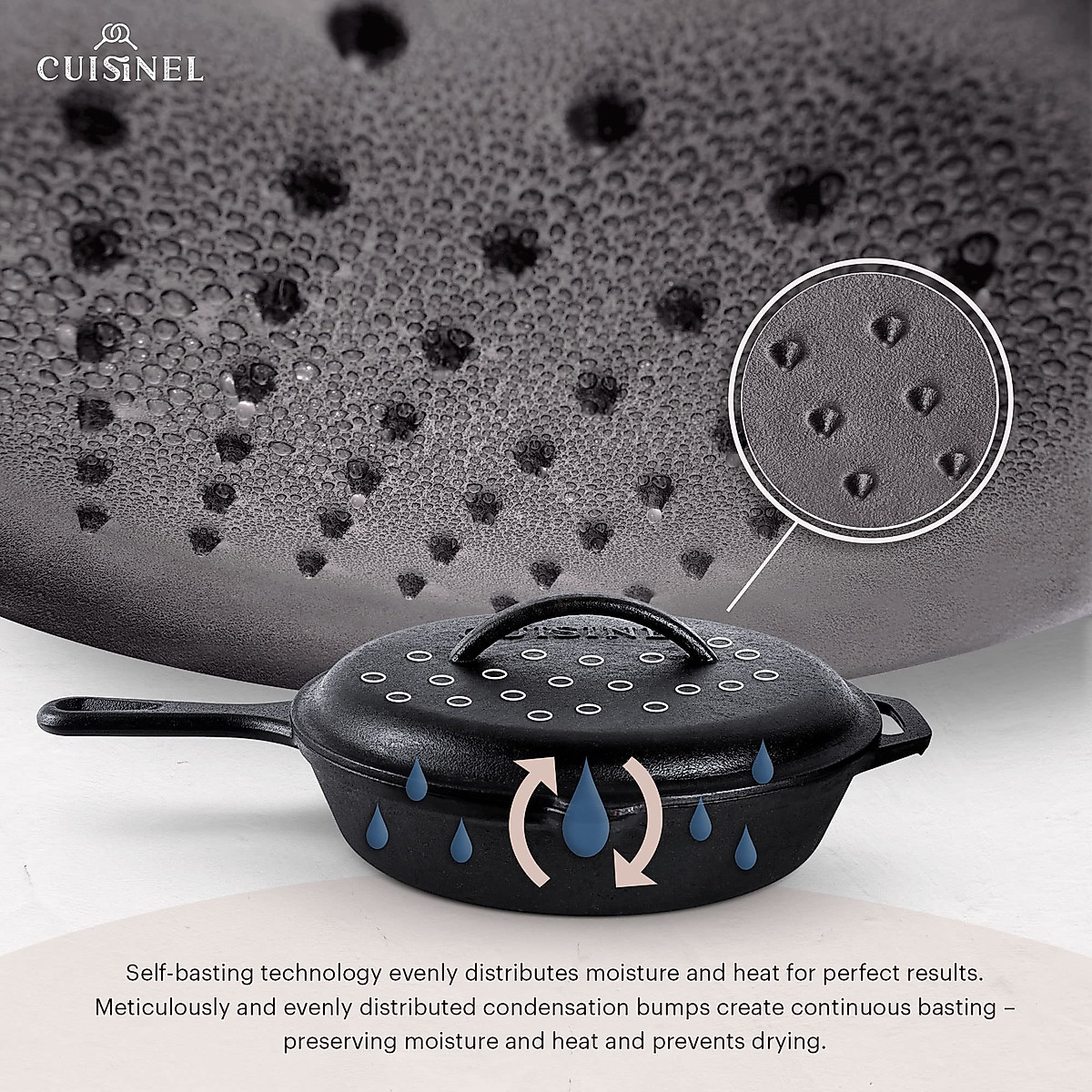 Cuisinel Cast Iron Skillet with Lid - 10"-inch Pre-Seasoned Covered Frying Pan Set + Silicone Handle and Lid Holders + Scraper/Cleaner - Use Indoor/Outdoor, Oven, Stove, BBQ, Fire, Grill Cookware