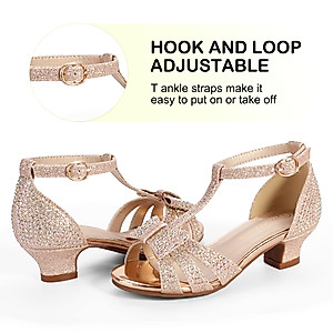 PANDANINJIA Sally Girls Heels Todder Rhinestone Dress Shoes Pump T Strap Open Toe Bow Little Big Kids Flower Girl Shoes(Gold Glitter 2 M US Little Kid)