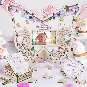 66 Pcs Baby Shower Guest Book Alternatives Set Butterfly Guest Book Baby Shower Guestbook with Photo Frame Baby Sonogram Frame with 60 Butterfly Wood Slices for Birthday Reception (Butterfly, Purple)