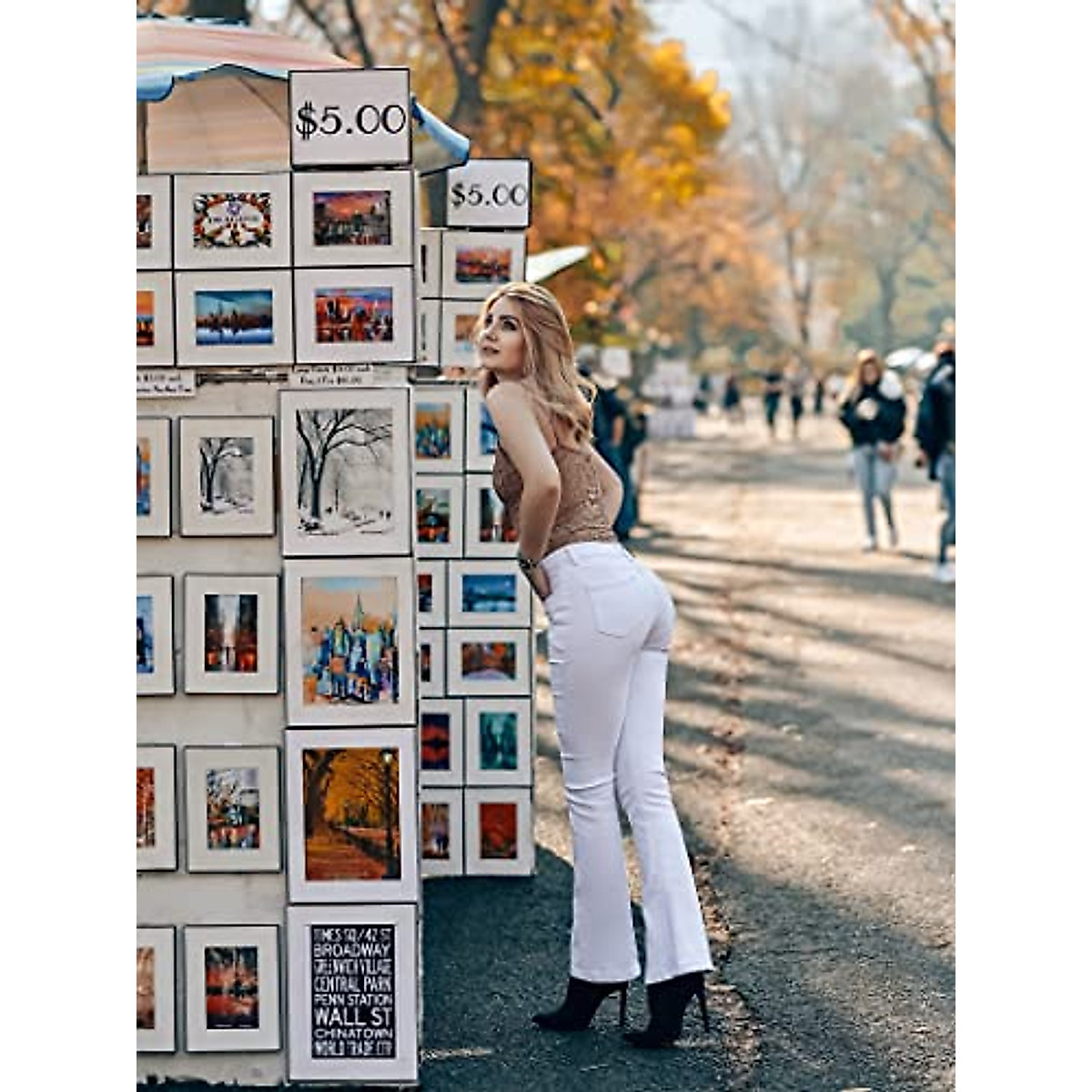 roswear Womens Mid Waist Bell Bottom Stretchy Flare Jeans Pants White X-Large