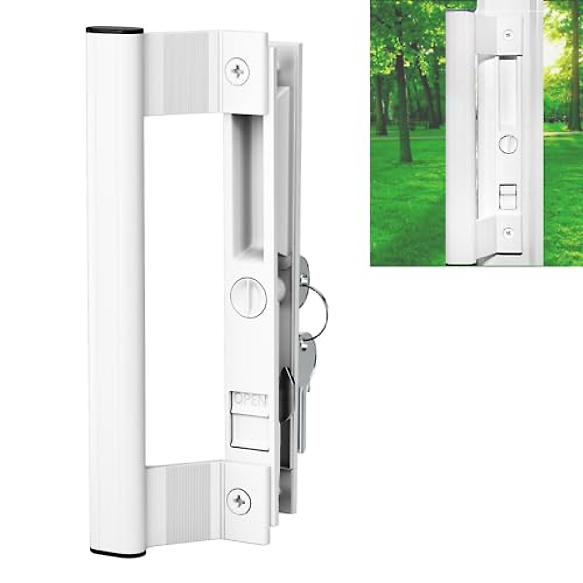 T-HAKEN Sliding Glass Door Handle Set, 6-5/8", White - Patio Door Handle Replacement That is 1 in. to 1-1/8 in. Thick Used on Both Left and Right-Handed. (Keyed).