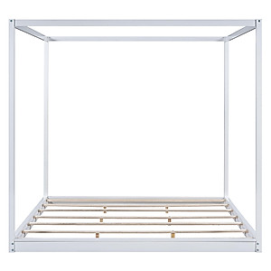 Merax Wooden Canopy Platform Bed Frame King Size Floor Bed/Mattress Foundation with Slat Support White