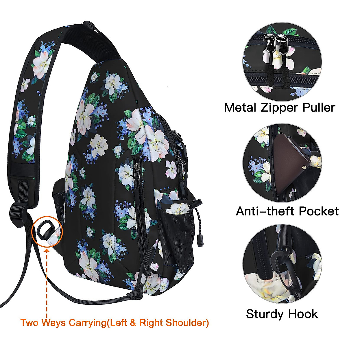 MOSISO Sling Backpack, Myrtle Flower Crossbody Travel Hiking Daypack Chest Bag with Anti-theft Pocket, Black