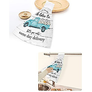 2 PCS Kitchen Hand Towels, Blue Truck Cotton Paper Soft Plush Hanging Tie Towels with Loop for Kitchen Bathroom Dish Cloth Tea Bar Towel Retro Wooden Stripes