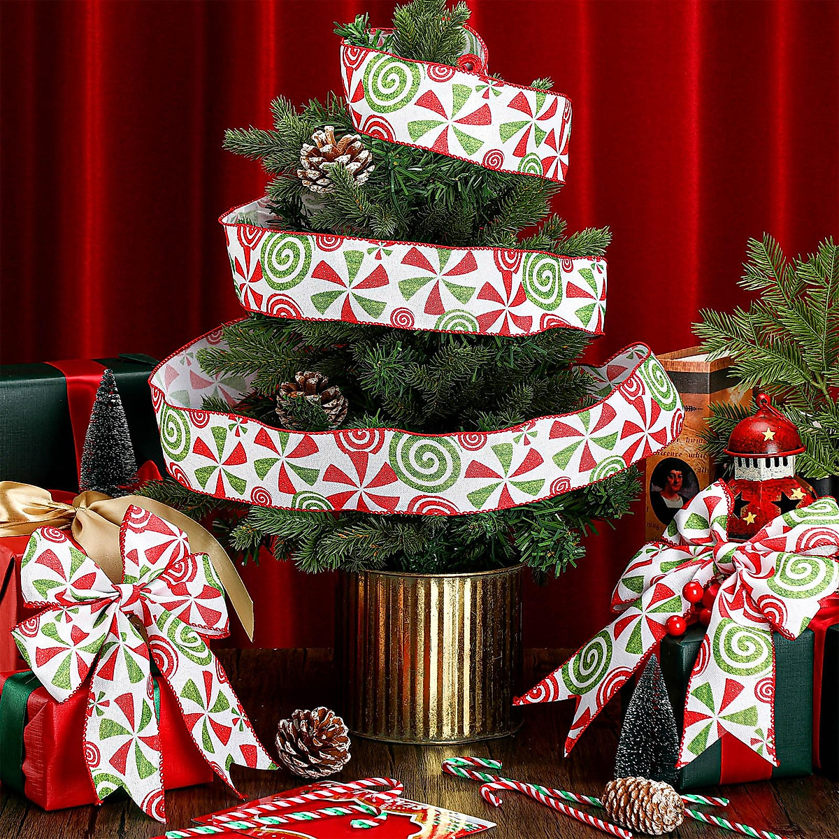Christmas Candy Peppermint Wired Edge Ribbon 2.5 Inch Wide Christmas Candy Ribbon Burlap Ribbon for DIY Craft Wreath Christmas Tree Decoration Gift Wrapping Party (Candy Pattern,24 Yard)