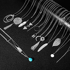 Hicarer 15 Pieces Long Pendant Necklace Set Silver Sweater Necklace Silver Plated Moon Tassel Lock Shape Sweater Punk Chain Choker Necklace for Women Men (Stylish Style)