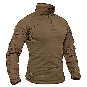 TACVASEN Combat Shirt for Men Long Sleeve Tactical Shirt 1/4 Zip with Pockets Military Pullover Ripstop Army Training Security Paintball Brown M
