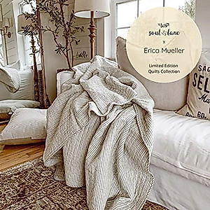 Soul & Lane Cotton King Ticking Stripe Quilt: Gray Striped Quilt, Farmhouse Bedding Coverlet, Greige Comforter and Blanket, Country Pinstripe Coverlet (Shams Sold Separately)