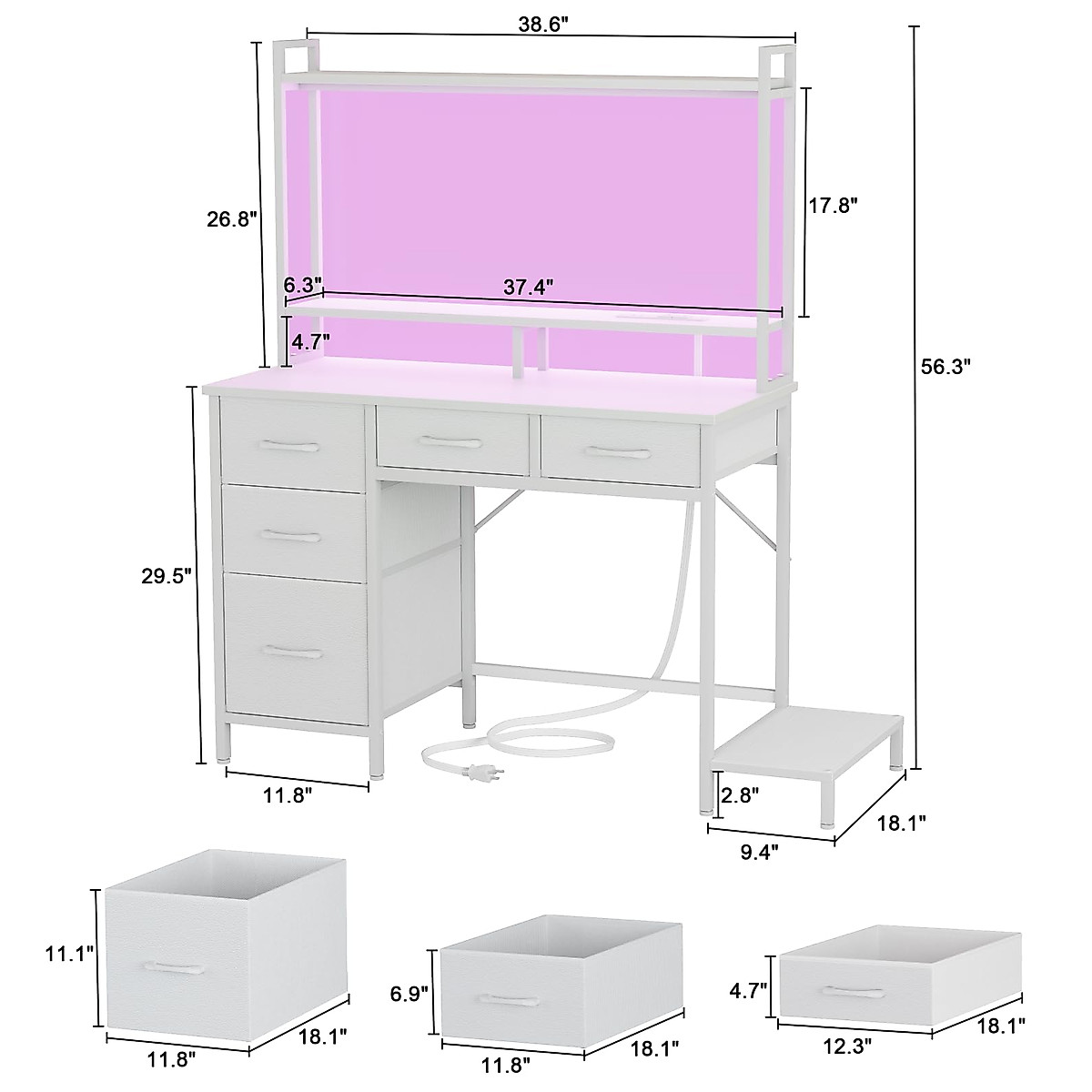 Korfile Computer Desk with Hutch, White Gaming Desk with Power Outlets & LED Light & 5 Fabric Drawers, Home Office Desk with 2 Tiers Storage Shelves for Display, 39" Small Table for Bedroom
