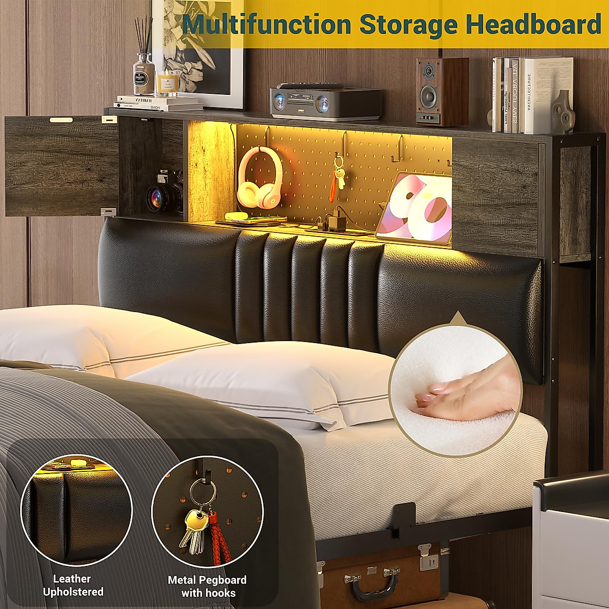 Unikito Full Size Bed Frame with LED Light & Power Outlet, Platform Bed with Upholstered Headboard and Storage, Sturdy Metal Slats Support, No Box Spring Needed, Easy Assembly, Noise-Free, Black Oak