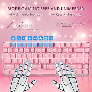 LexonElec Pink Gaming Mechanical Keyboard White Backlit 82 Keys Illuminated Type-C Wired Gaming Keyboard with Red Switches for Computer Gamers (Pink)