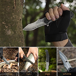 GVDV Damascus Steel Pocket Knife with G10 Handle, Handmade Folding Knife with Leather Sheath for Camping Survival, Knives for Men Dad Husband (Black)