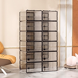 JOCHER 12 Pack Modern Black Plastic Shoe Boxes, Sturdy Flip Top Lids, Space Saving Foldable Shoe Organizer Boxes with Lids, Holds 12 Pairs of Shoes, Ideal for Bathroom Closet, Bedroom, Entryway