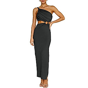 ANRABESS Women’s Summer Sexy Bodycon Maxi Gradution Dress 2023 Prom Dresses One Shoulder Sleeveless Sexy Cut Out Formal Cocktail Party Dress 765heise-L Black