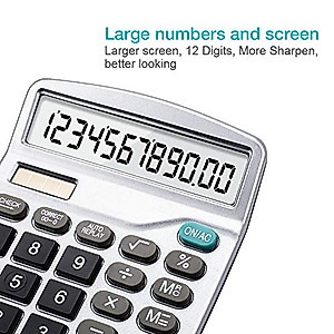 Calculator,12-Digit Solar Battery Basic Calculator,Solar Battery Dual Power with Large LCD Display Office Calculators (Silver)
