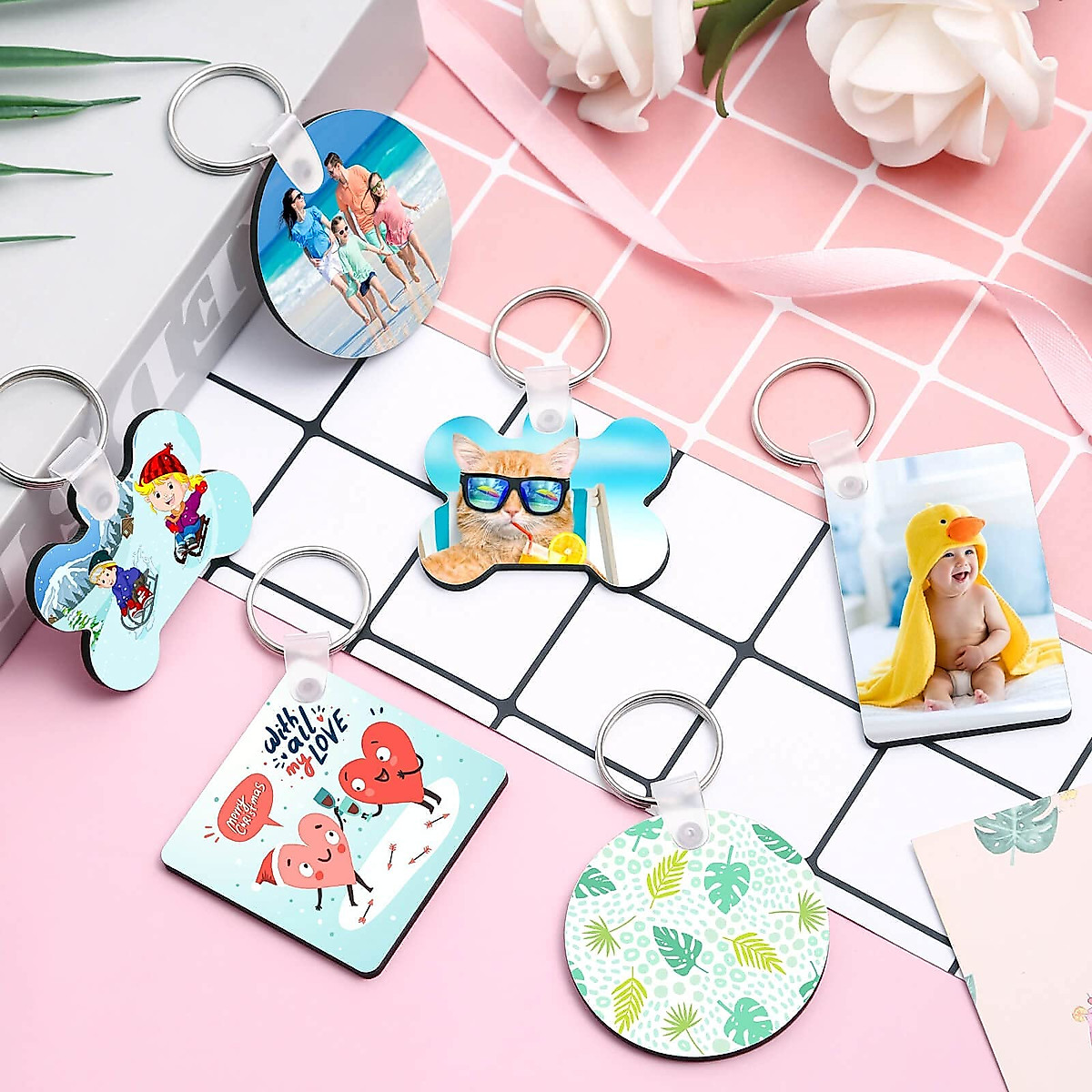 120Pcs Sublimation Keychain Blanks Bulk, DIY MDF Blanks Keychain with Keyrings, 4 Shape Sublimation Blank Keychain, Double-Sided Printed Heat Transfer Keychain