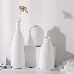 White Ceramic Vase for Decor, Small Flower Vases Set - 3 for Rustic Home Decor, Modern Farmhouse Decor, Living Room Decor, Book Shelf, Mantel and Minimalism Dining Coffee Table Decor