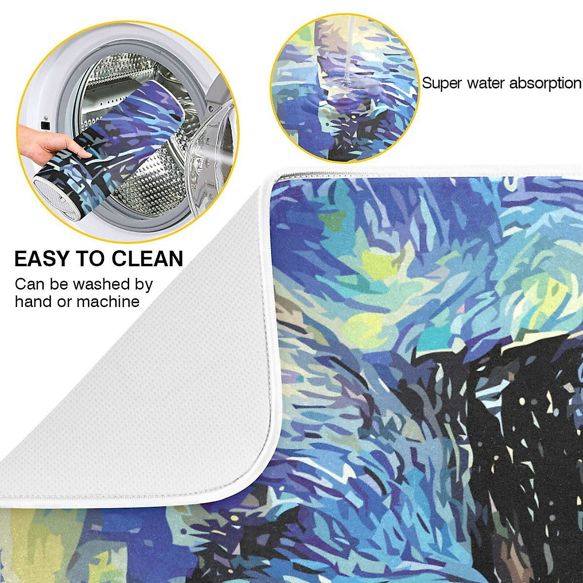 Absorbent Dish Drying Mat for Kitchen Counter - Cat Blue Starry Sky Microfiber Drying Pad, Reversible Drainer Mats for Countertop, Large 18" x 24"