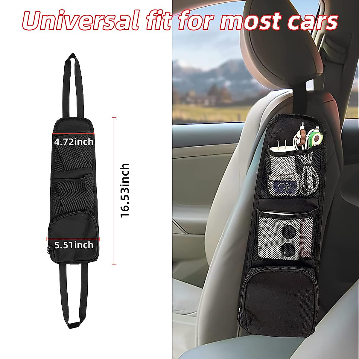 Kewucn 2 PCS Car Seat Side Organizer, Auto Front Seat Storage Hanging Bag, Multifunctional Vehicle Mesh Pocket Hold for Phone, Wallet, Glasses, Universal Accessories for Most Car(Black)