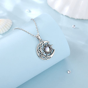 Vito Celtic Moon and Sun Necklace for Women, Sterling Silver Vintage Crescent Pendant Oxidized Moonstone Jewelry Gift for Wife, 18 Inch Chain