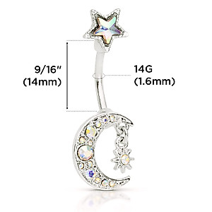 Pierce2GO Crystal Moon Belly Button Ring - 14G Surgical Steel Belly Button Ring Moon Pendant with Hanging Star - Belly Button Rings Piercing for Women – 7/16” (Silver)