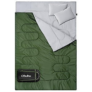 Ohuhu Double Sleeping Bag with 2 Pillows, Waterproof Lightweight 2 Person Adults Sleeping Bag for Camping, Backpacking, Hiking, with Carrying Bag (Green)
