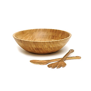 Lipper International Bamboo Wood Salad Bowl with 2 Server Utensils, Large, 14" Diameter x 4" Height, 3-Piece Set