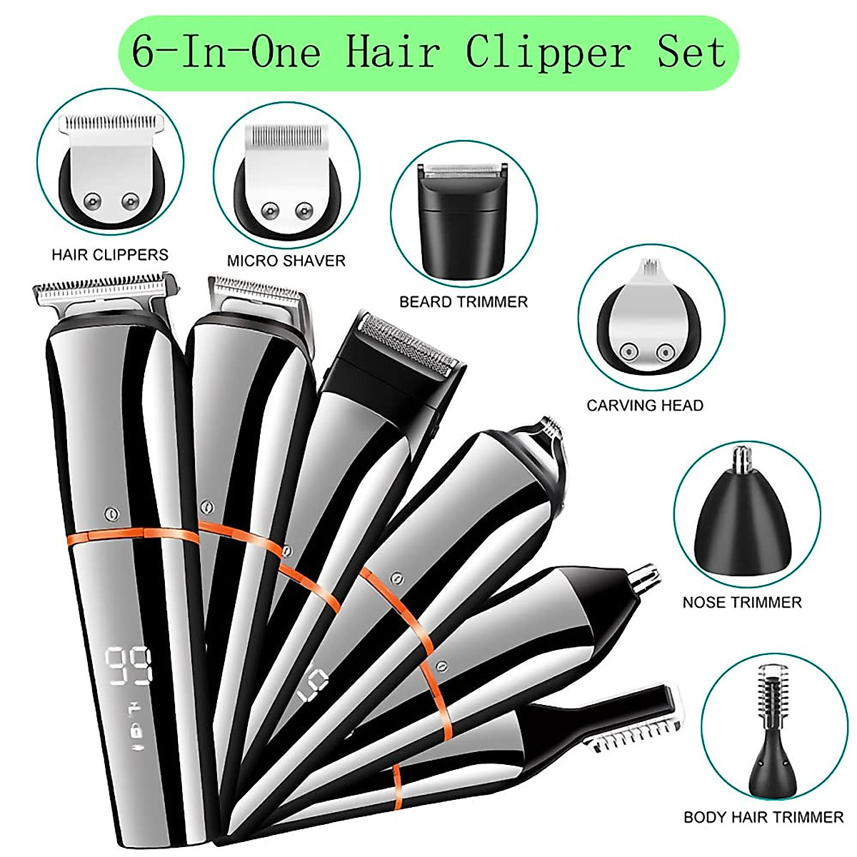 Hair Clippers Kit for Men, Multi-Function 6-in-1 Cordless USB Rechargeable Waterproof Hair Trimmer, Men's Grooming Kit