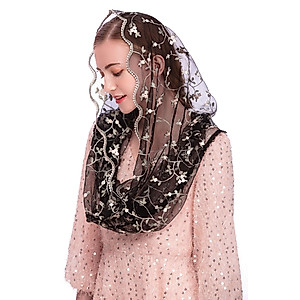 PAMOR Chapel Veils Mantilla Infinity Veil Latin Mass Little Flower Soft Embroidered Lace Head Covering Scarf (Black)
