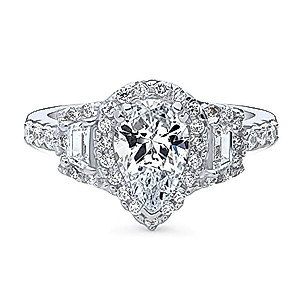 BERRICLE Sterling Silver 3-Stone Wedding Engagement Rings Pear Cut Cubic Zirconia CZ Halo Ring for Women, Rhodium Plated Size 9