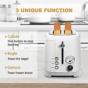 Toaster 2 Slice ,1.5"Extra Wide Slots Toaster,Retro Stainless Steel with Bagel, Cancel, Defrost, Reheat Function and 6-Shade Settings, Removal Crumb Tray (White)