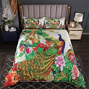 YGNNIU Peacock Duvet Cover Queen Size Floral Pattern Bedding Set Retro Chinese Style Peacock Floral Theme Duvet Cover (1 Duvet Cover and 2 Pillowcases) with Hidden Zipper