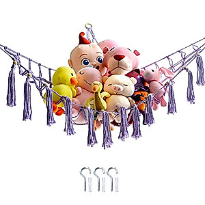 Purple Hammock with Wooden Beads and Fringe Toy Storage, Boho Room Decor, Bedroom Decor, Plush Toy Storage for Kids, Girls Bedroom Storage